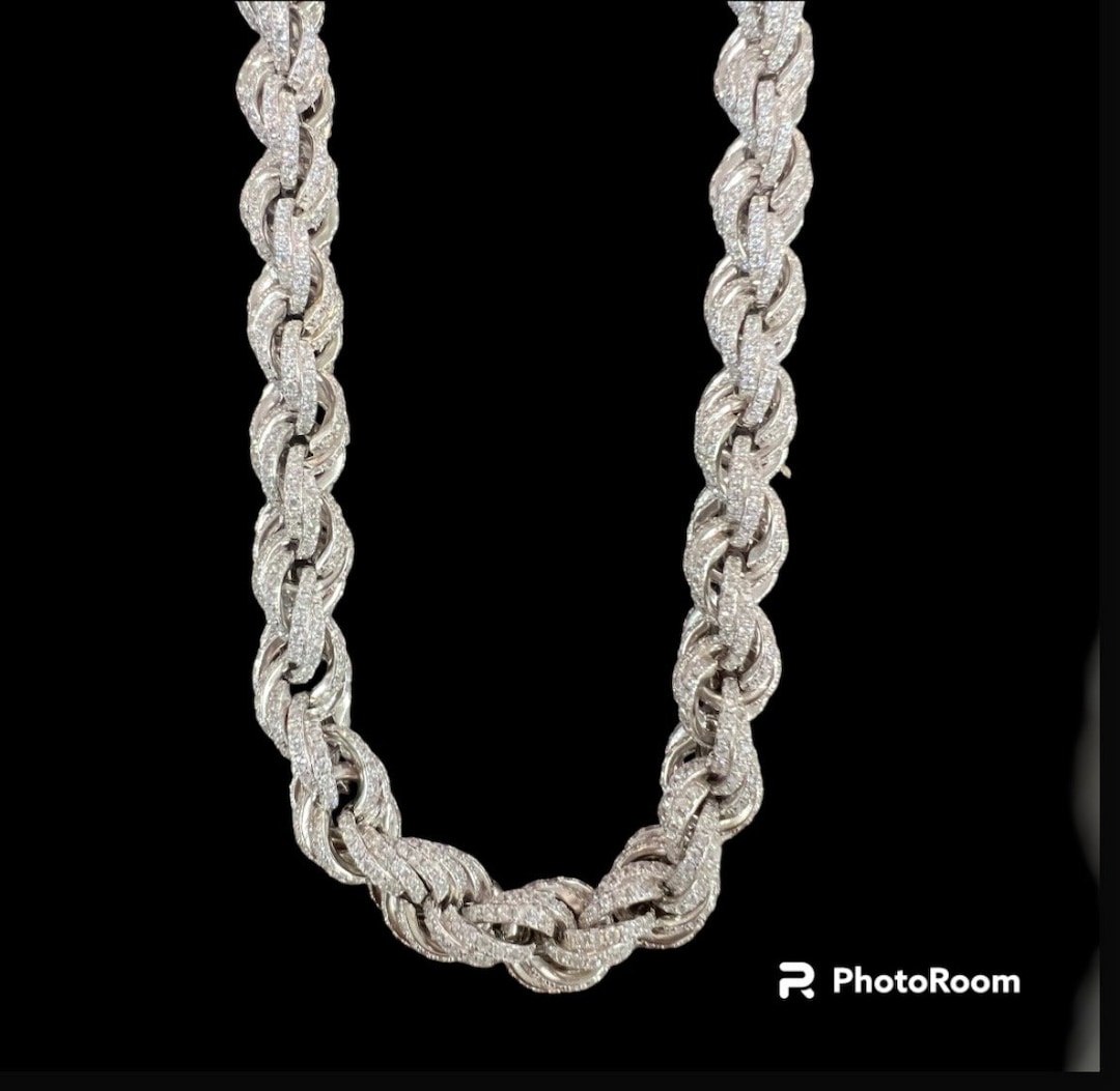 Sterling Silver Rhodium Rope Chain Iced Out Chain Necklace - Etsy