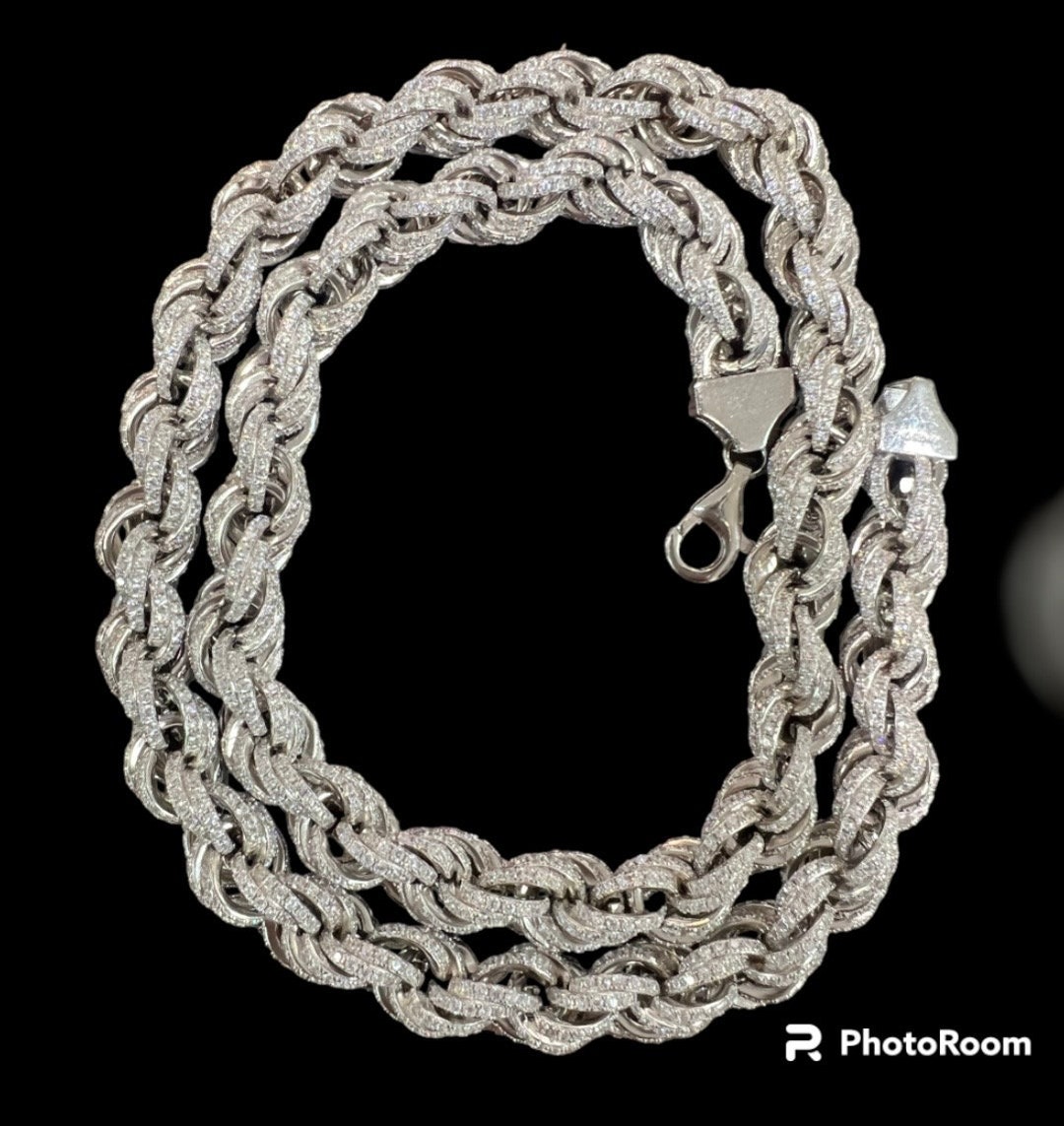 Sterling Silver Rhodium Rope Chain Iced Out Chain Necklace - Etsy