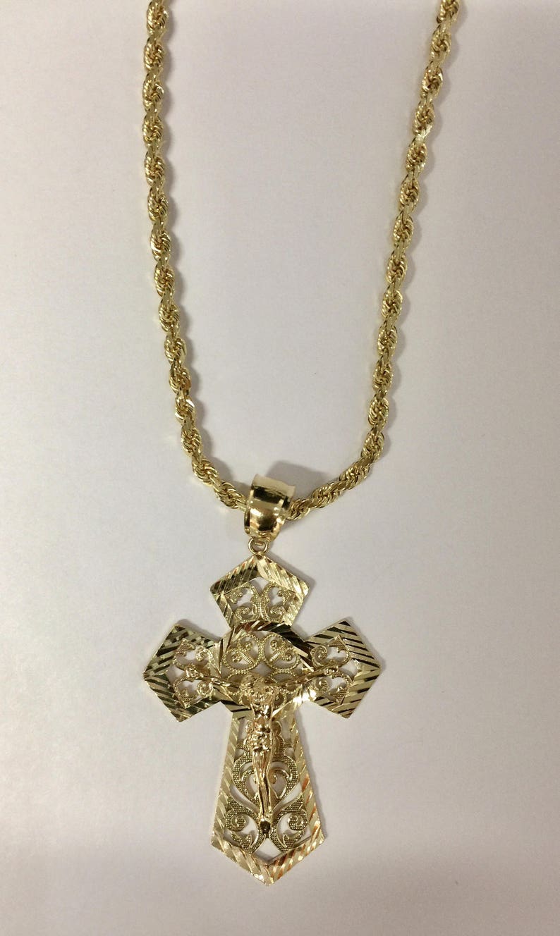 14k solid gold Jesus cross crucifix M pendant & Rope chain | Etsy