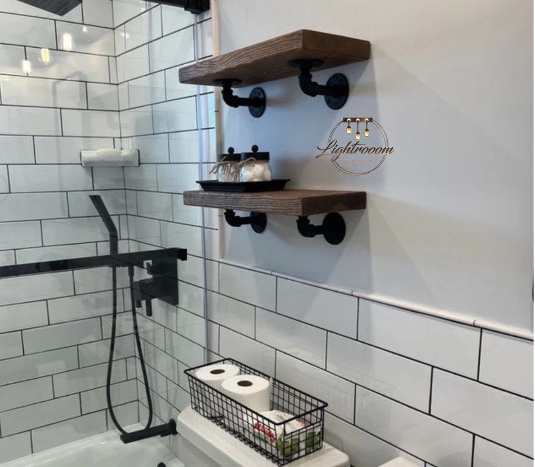 7.25” Deep Rustic Floating Shelf, Shelf With Pipe Brackets, Bathroom ...