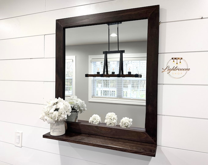 Solid Wood Rustic Industrial Wall Mirror With Shelf - Etsy
