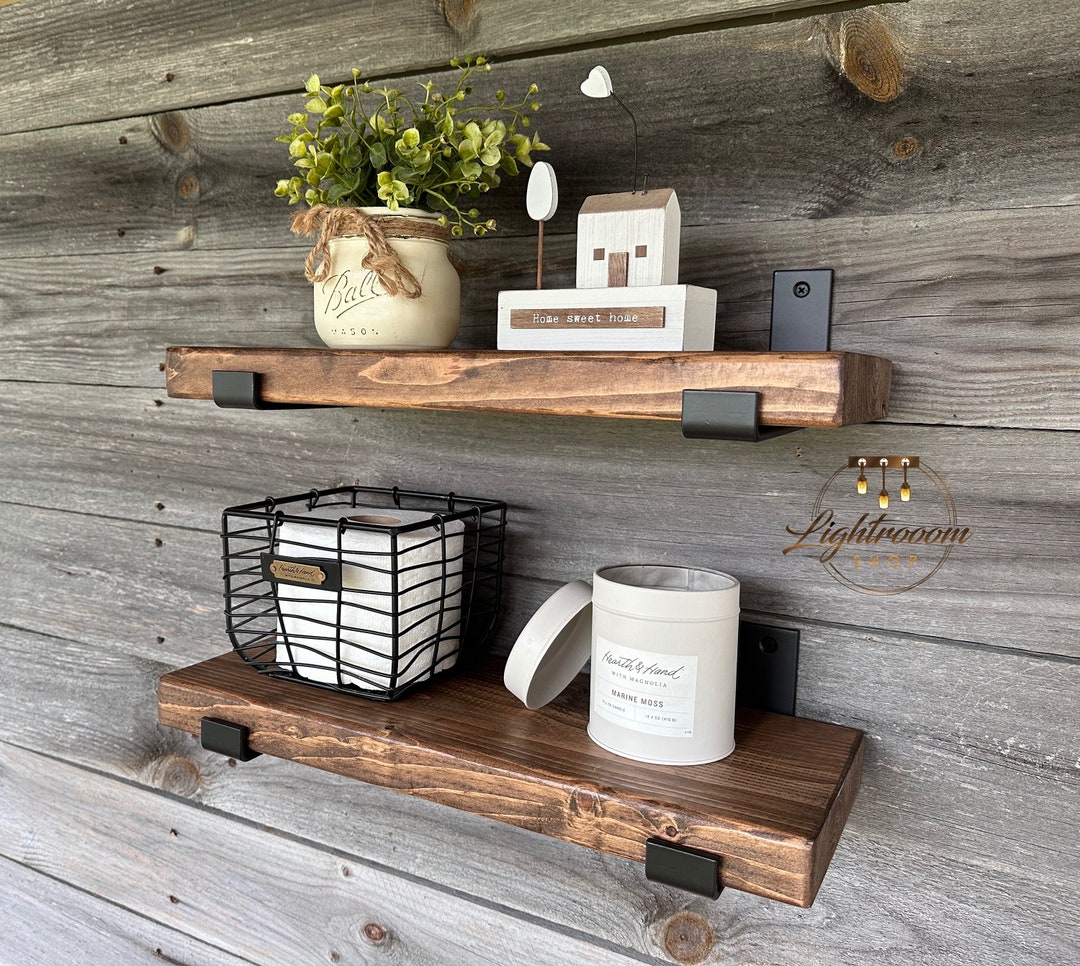 HEAVY DUTY Rustic Floating Shelf With J Shape Flat Brackets, Robust ...