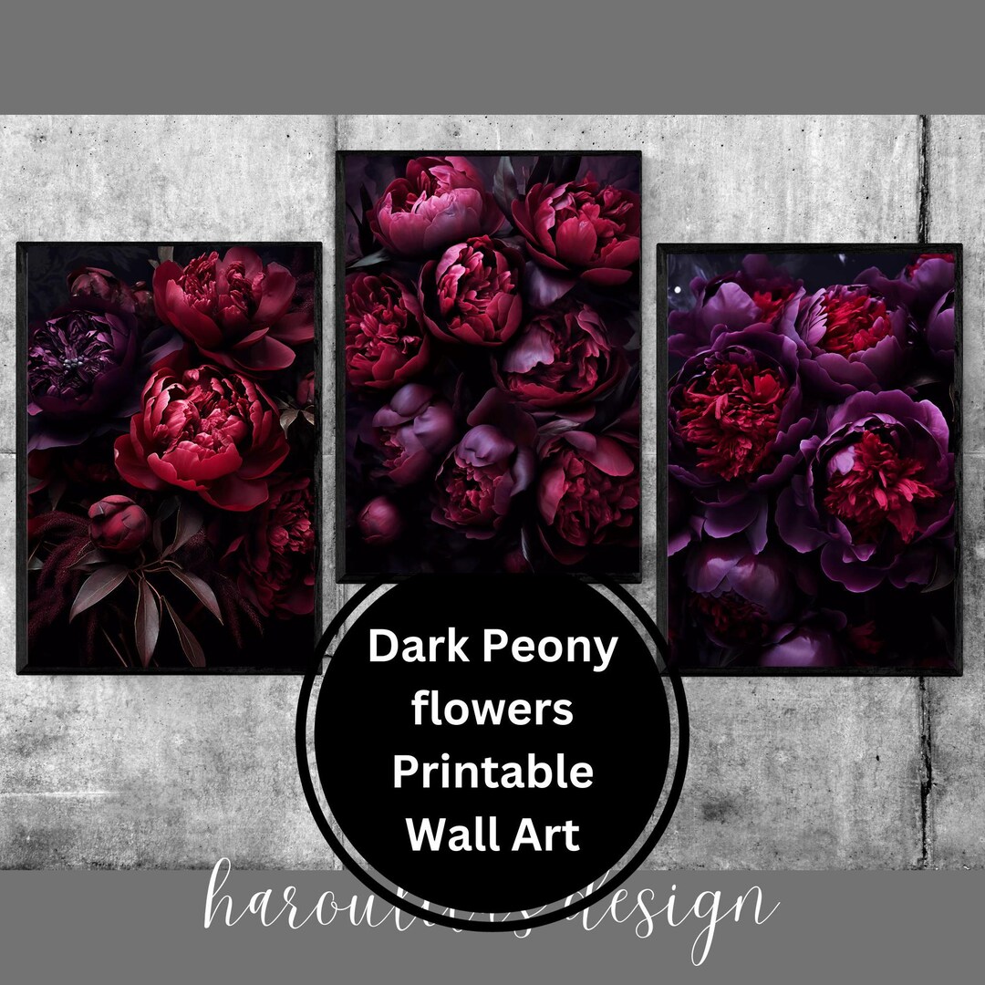 Gothic Peony Triptych Wall Art - Set of 3 Dark Floral Prints,dark Moody ...