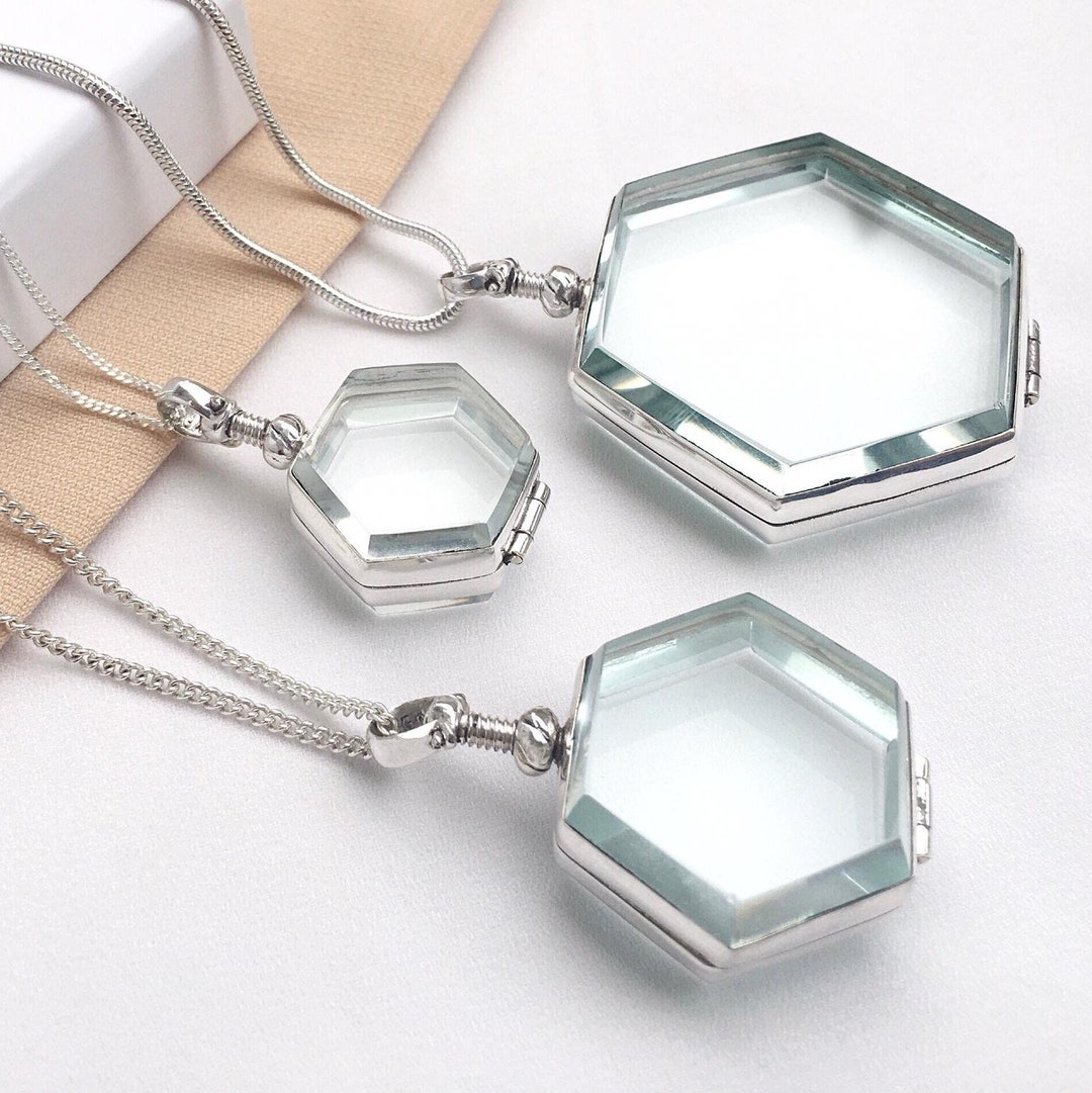 Beveled Glass Locket in 3 Sizes, Hexagon Glass Locket, Personalized ...