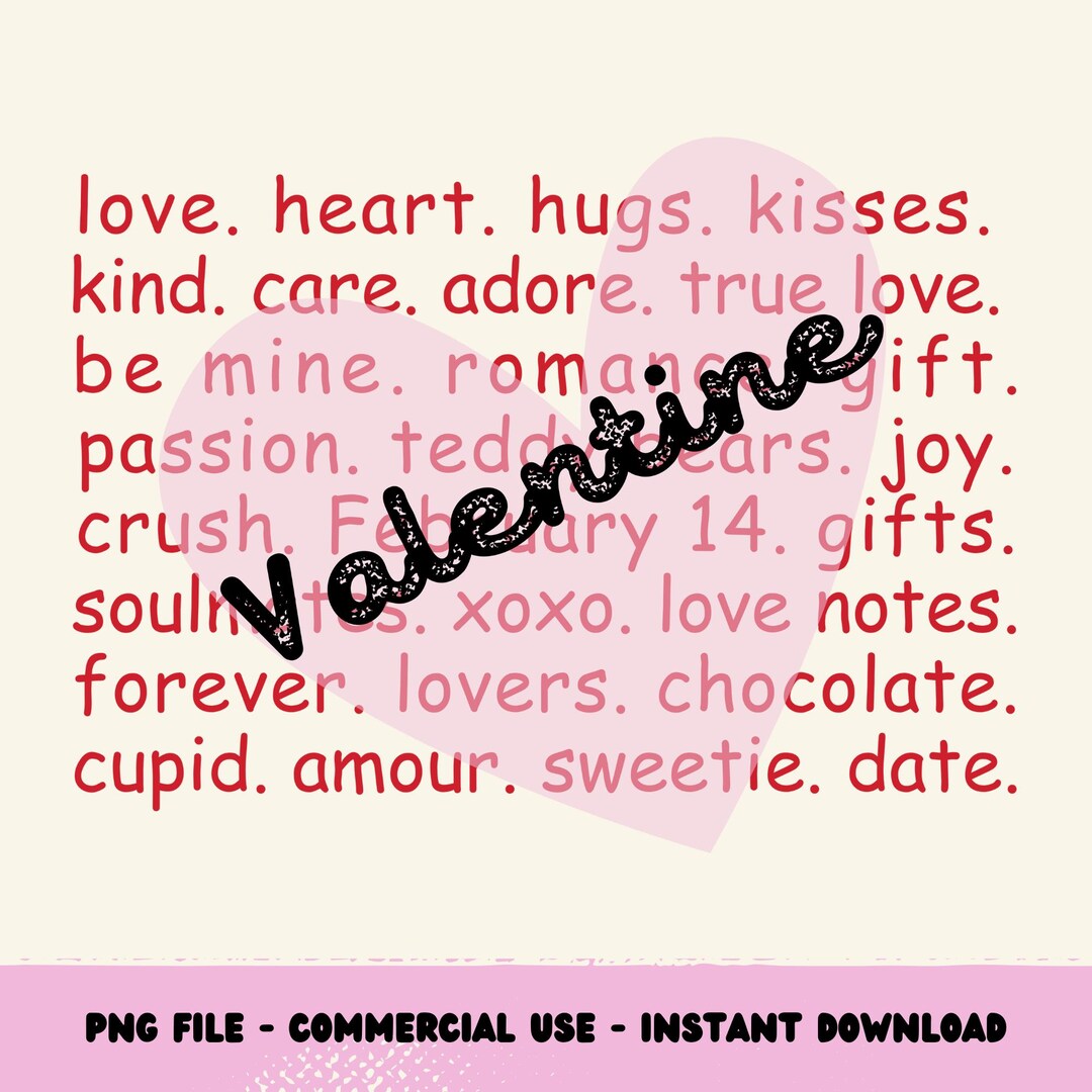 Valentine's Day Word Art PNG: Heart Typography Design (digital Download ...