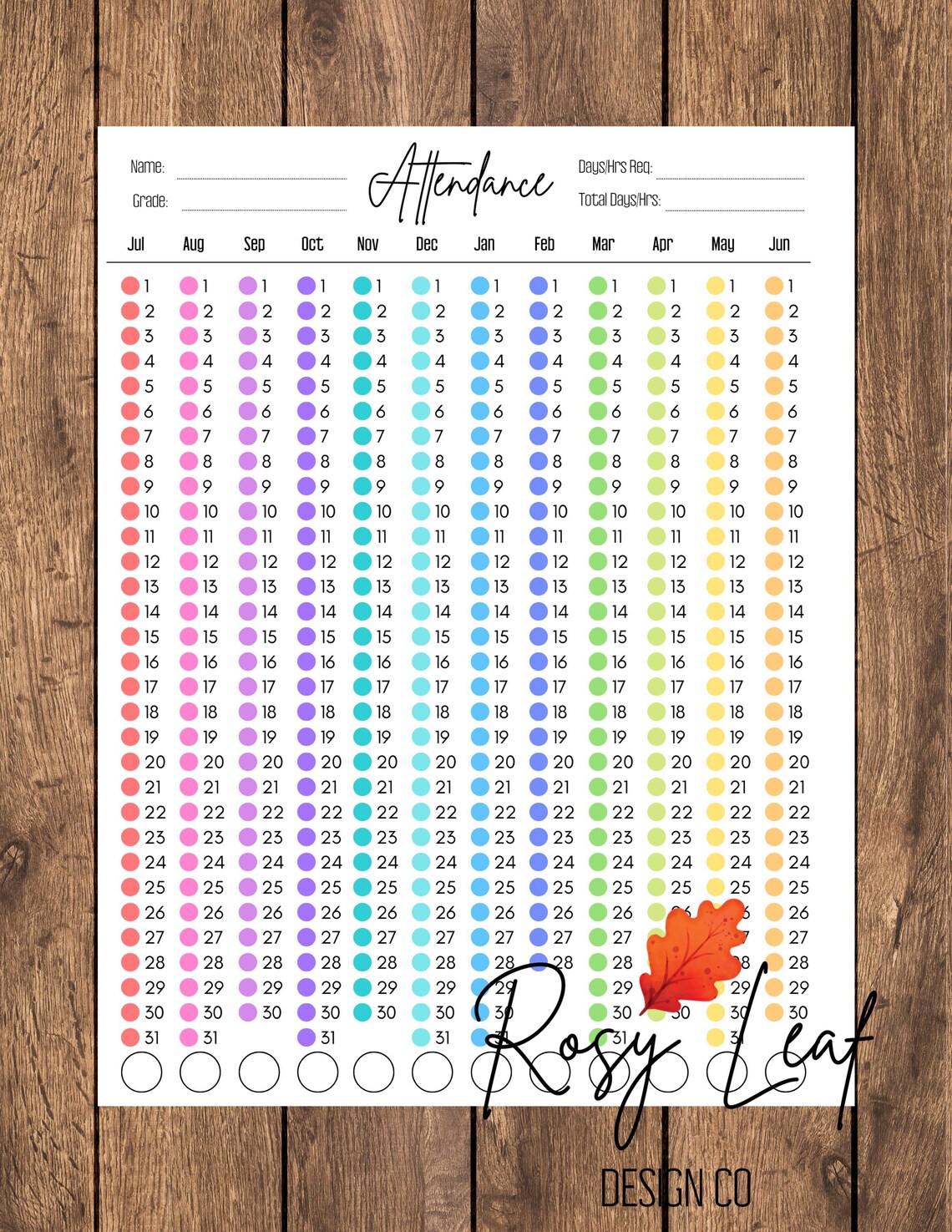 Homeschool Attendance Tracker - July to June UNDATED - Colorful ...