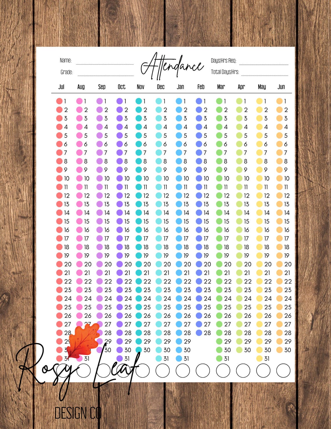 Homeschool Attendance Tracker - July to June UNDATED - Colorful ...