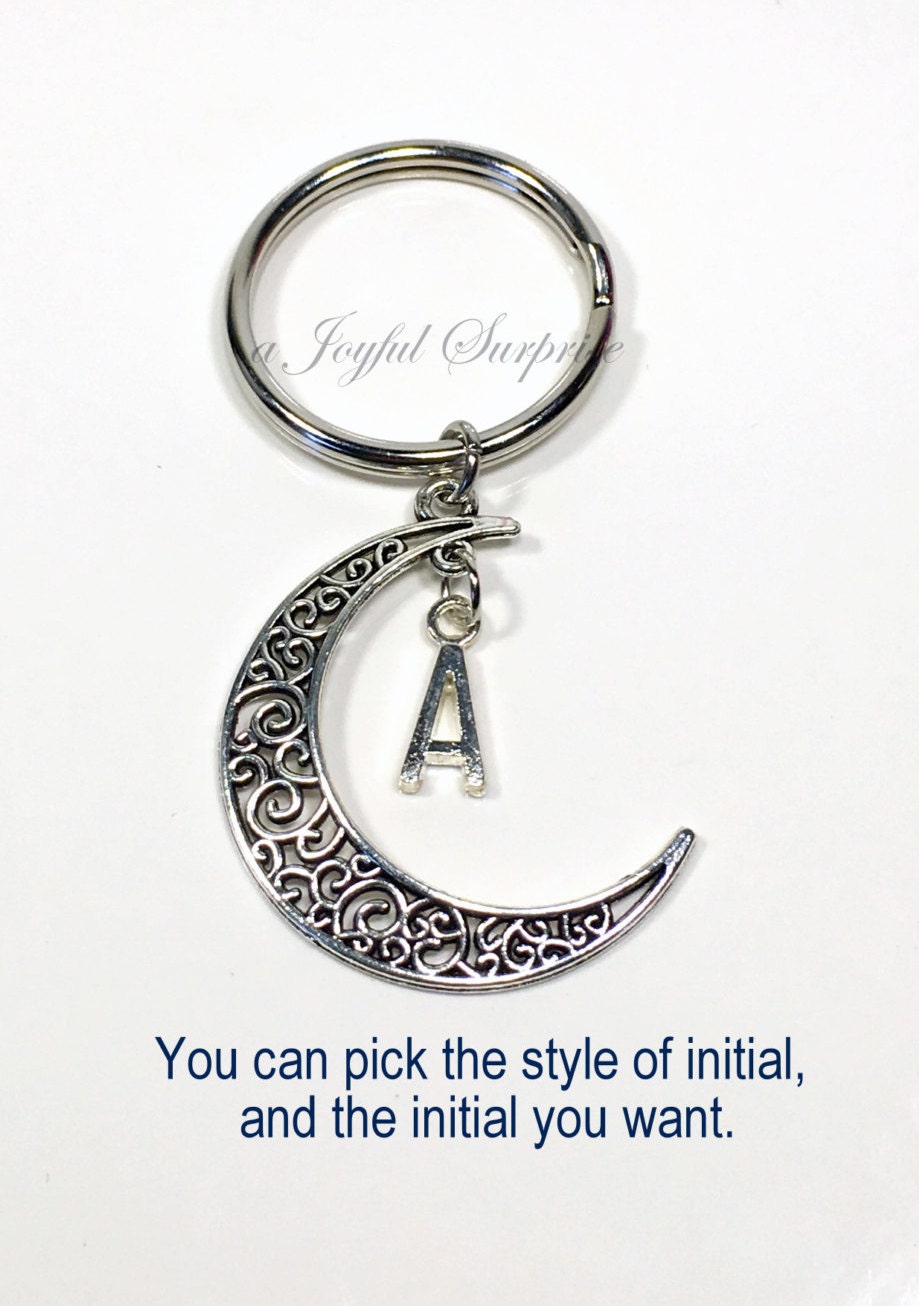 Crescent Moon Keychain With Initial Half Moon Key Chain - Etsy