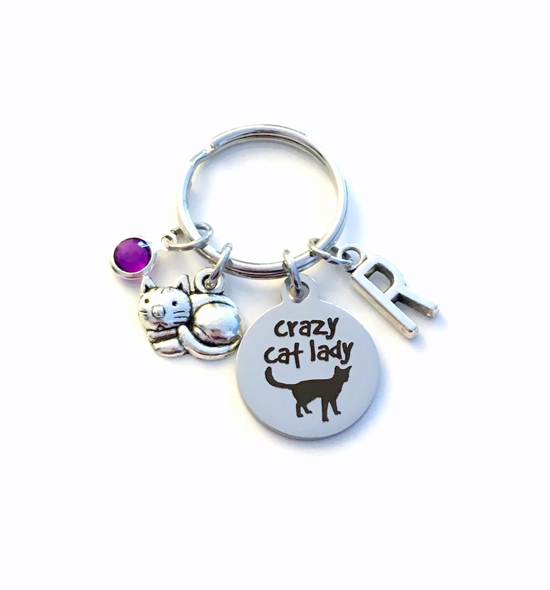 Crazy Cat Lady Keychain, Multiple Letter or Birthstones 2 3 4 5 6 7 8 9 ...