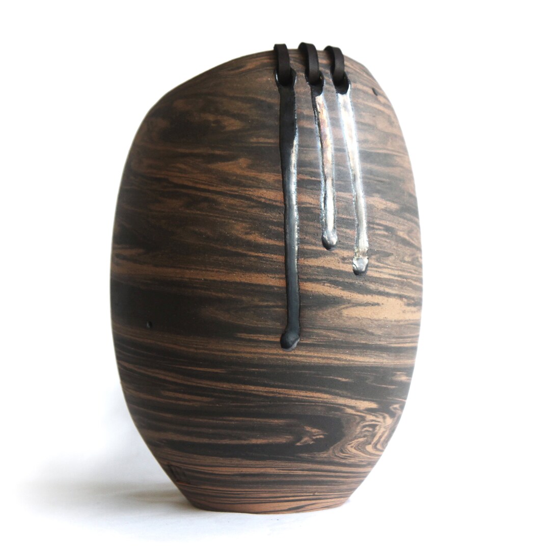 Large Stoneware Vase, Marbled 2 Color Clay & Leather Detail - (cocoon ...