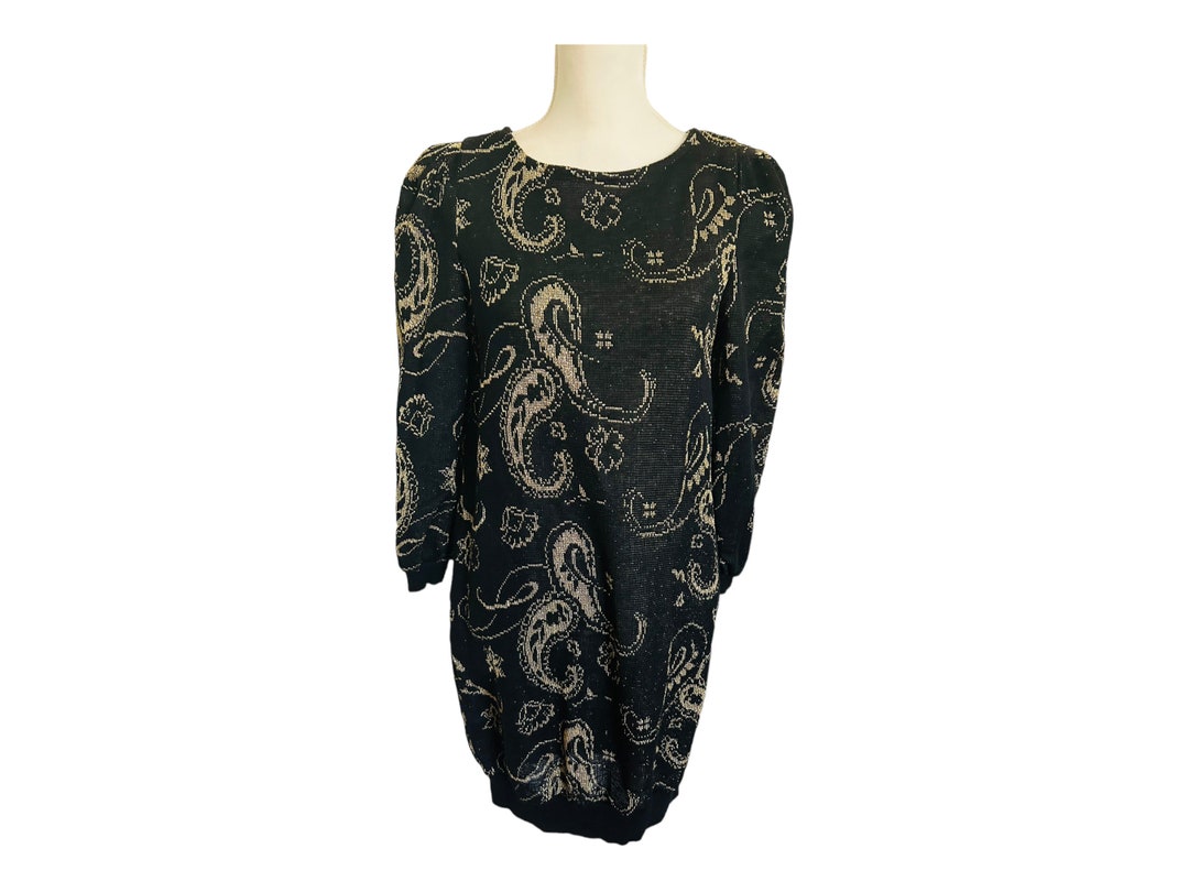 80s Goody Sweater Dress/vintage Sweater Dress/black and Gold Sweater ...