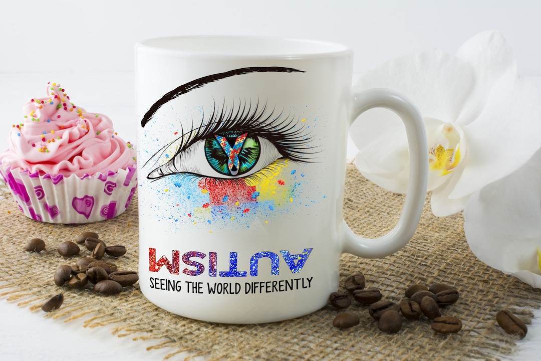 Autism Awareness Mug: Polychrome Eye Design, White Ceramic Coffee Cup ...