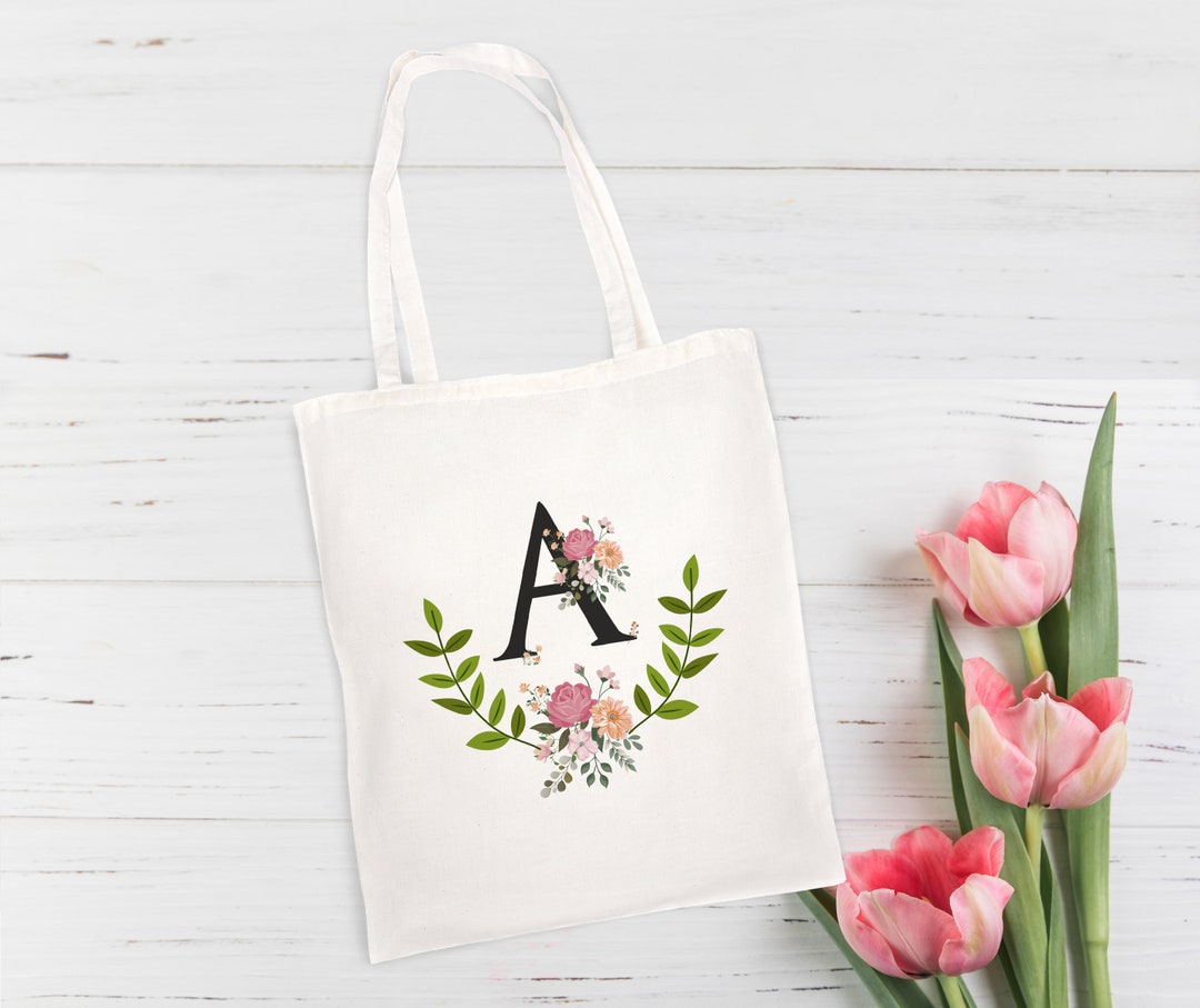 Monogram Tote Bag, Personalized Tote Bag, Letter Initial Flowers Tote ...