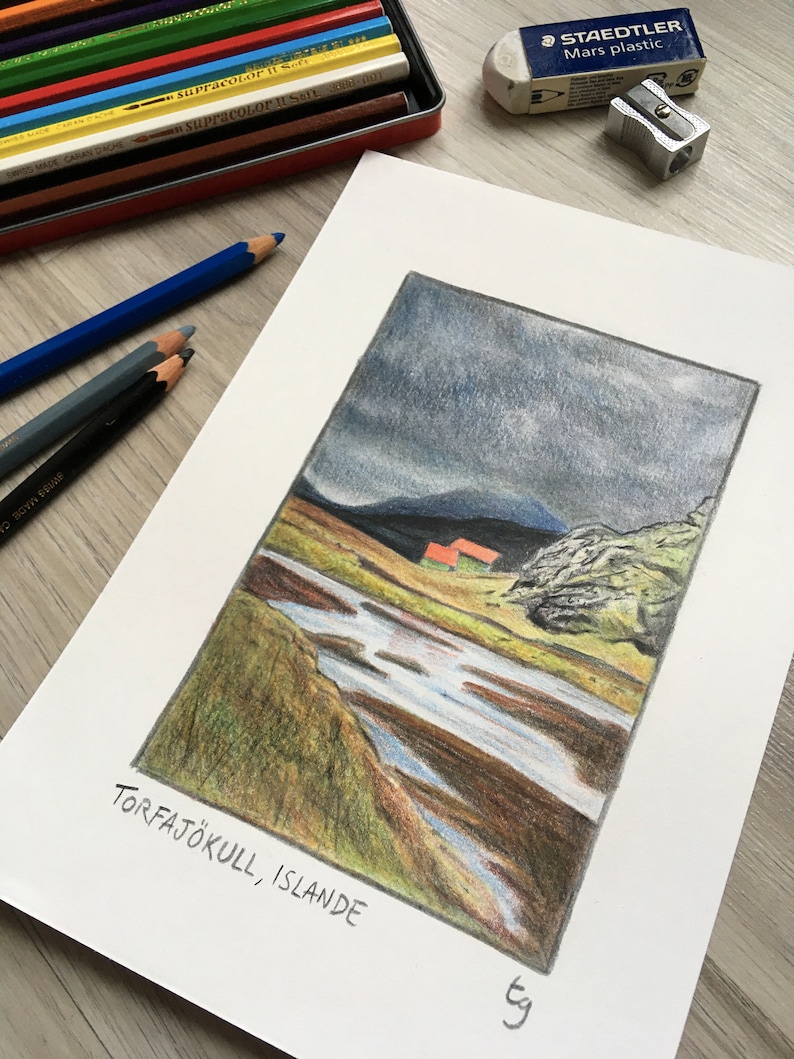 Illustration of an Icelandic Landscape With Colored Pencils, Drawing of ...