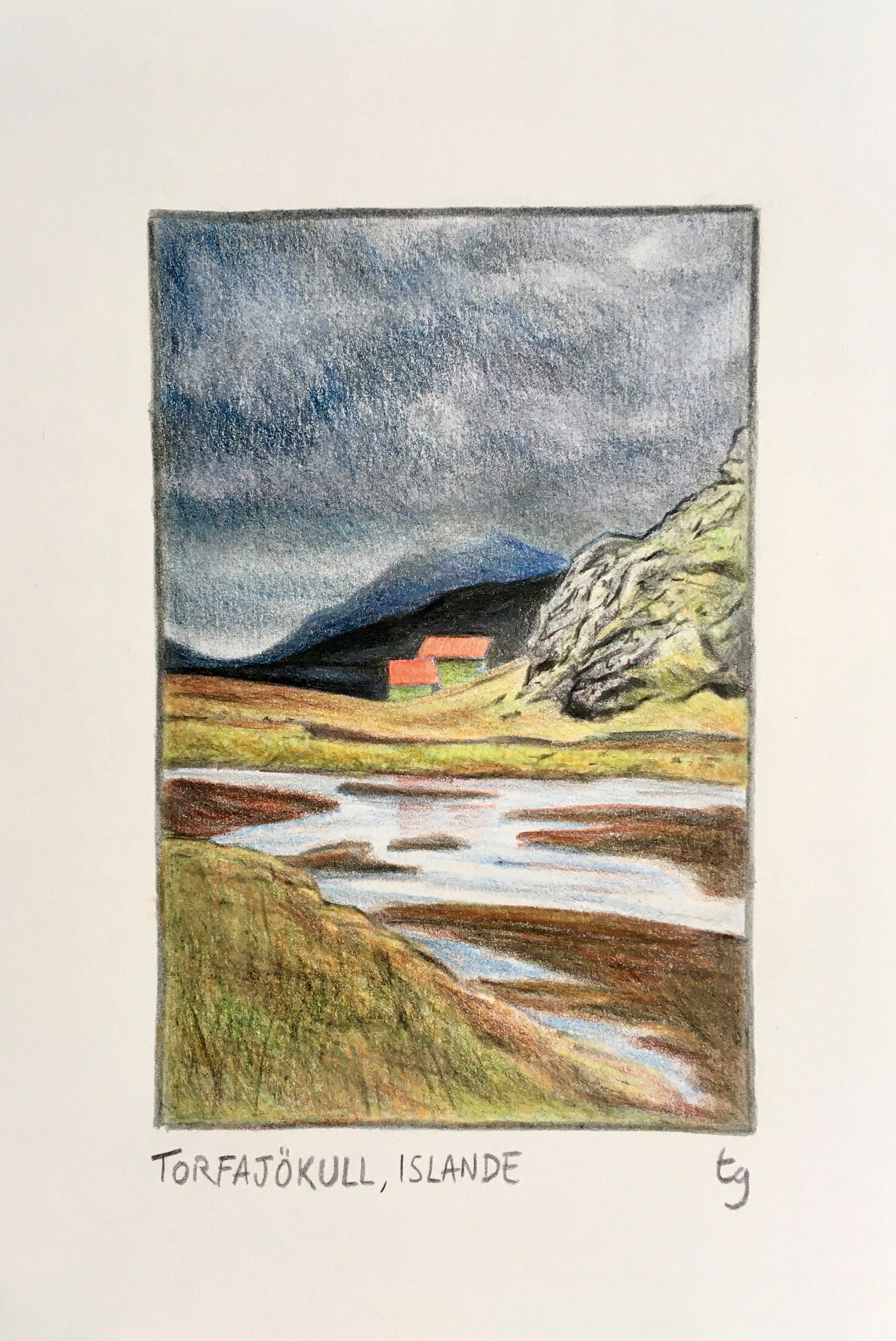 Iceland, Drawing of an Icelandic Landscape With Colored Pencils, House ...