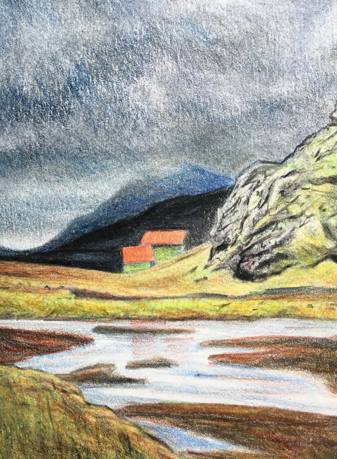 Iceland, Drawing of an Icelandic Landscape With Colored Pencils, House ...