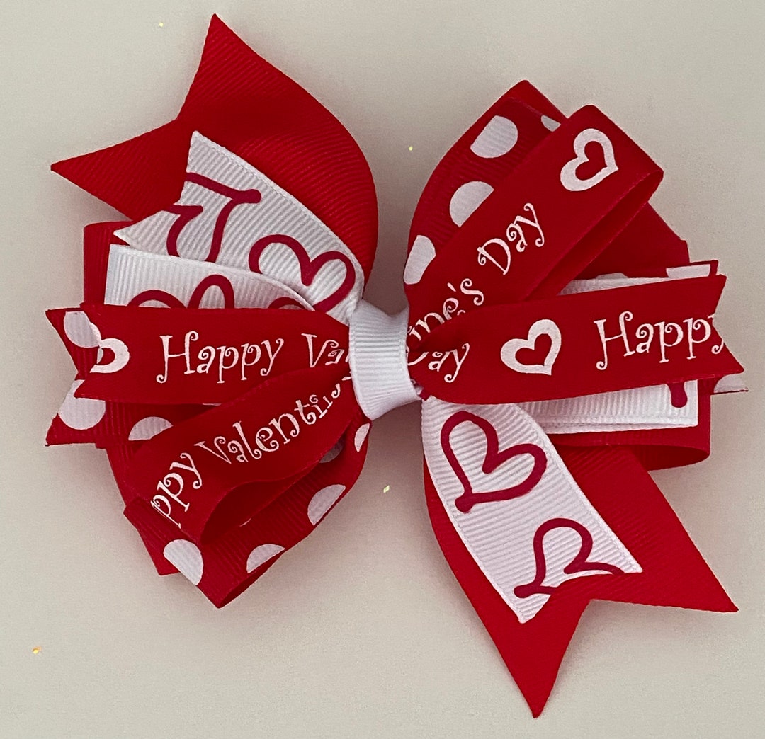 Red Valentine's Day Bow Red and White Heart Bow Happy Valentine's Day ...