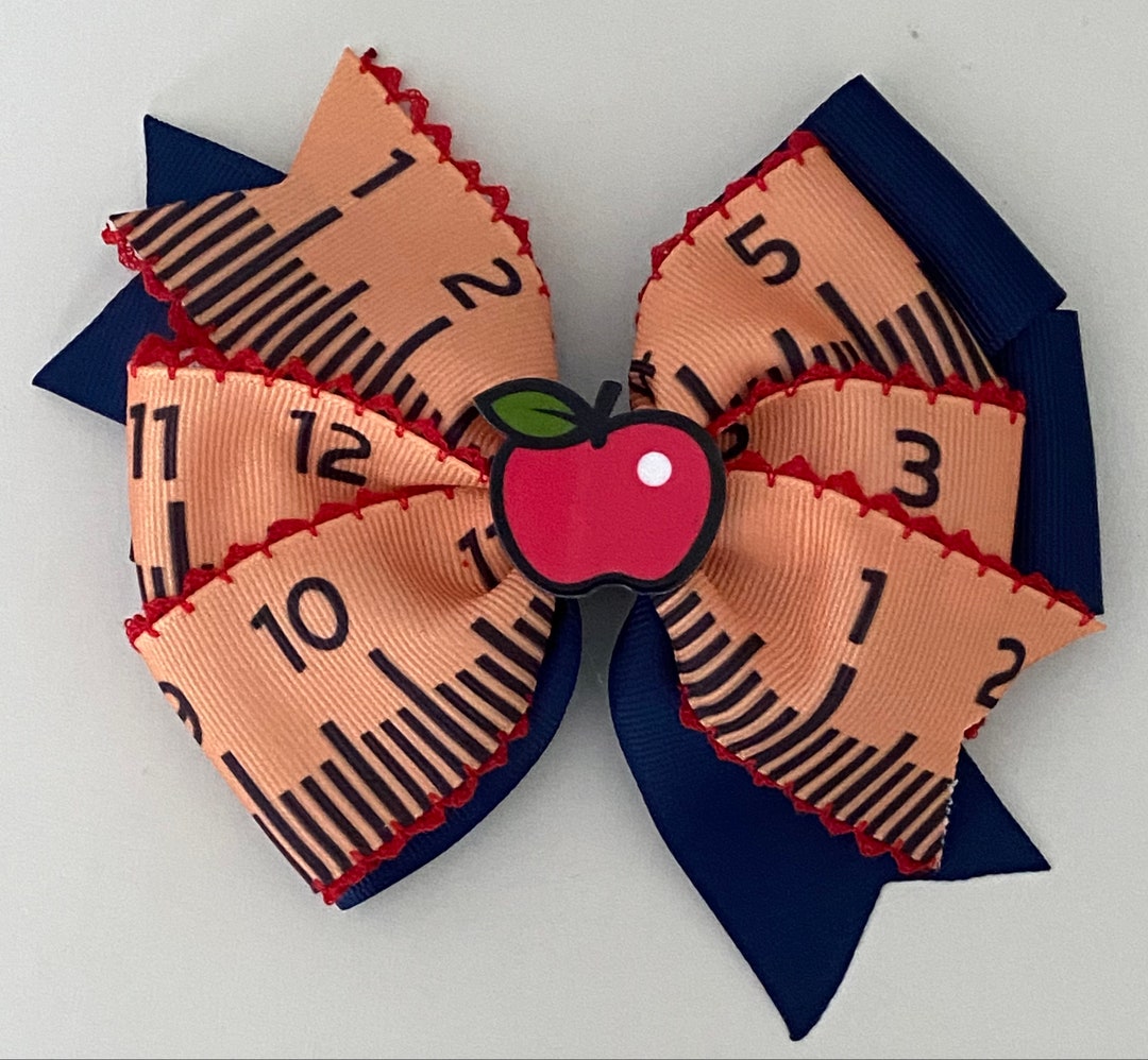 Back to School Hair Bow Ruler Ribbon Bow Navy and Yellow School Bow ...