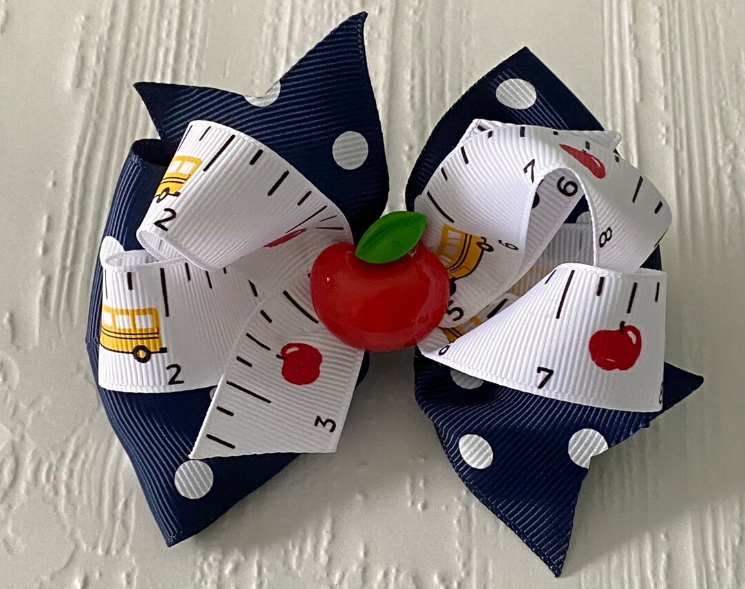 Navy Back to School Apple Bow Navy Polka Dot School Bow Apple Bow With ...