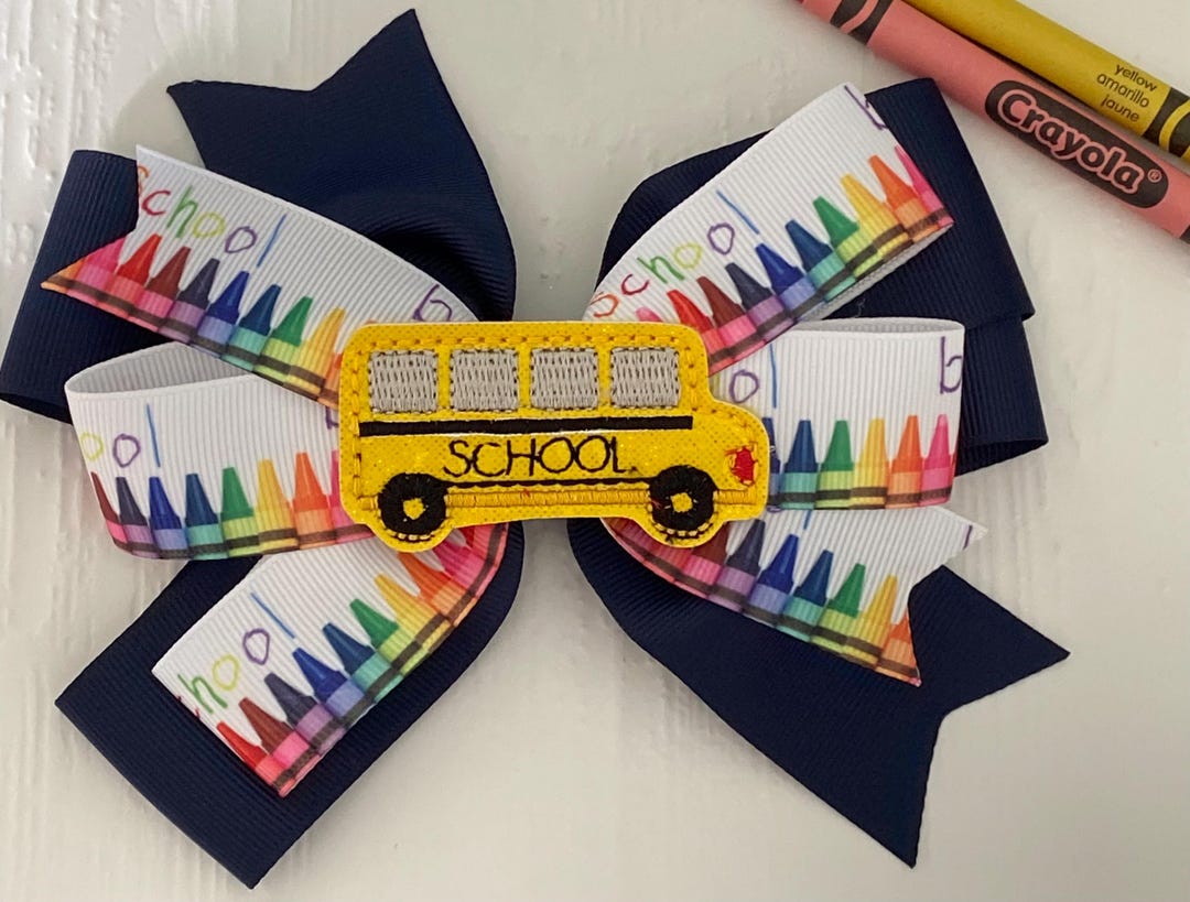 Navy Back to School Hair Bow School Bow With Crayons and Bus Colorful ...