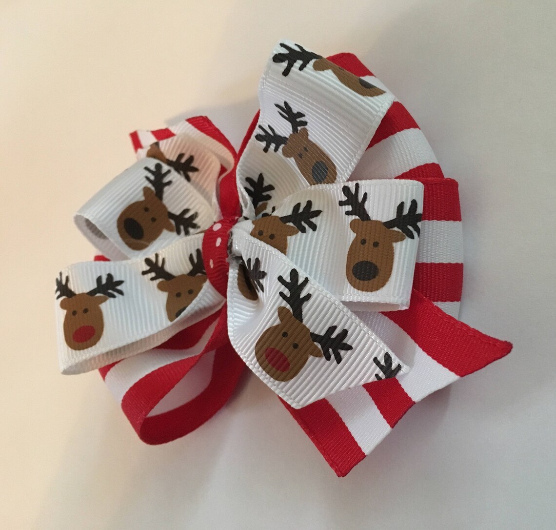 Red Striped Christmas Bow Reindeer Hair Bow Red and White | Etsy