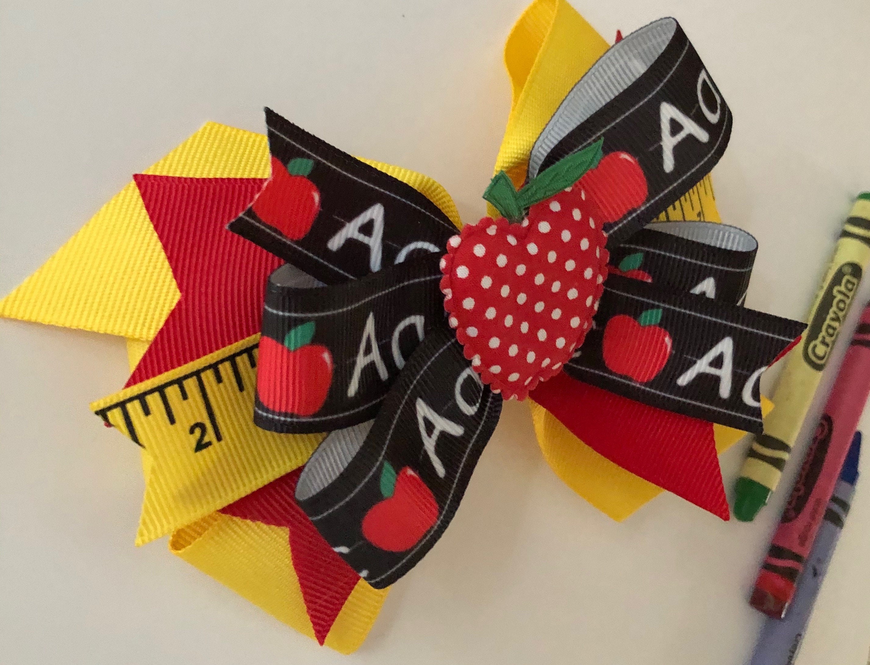 Back to School Bow Apple Bow With Ruler Ribbon ABC Apple Bow Yellow and ...