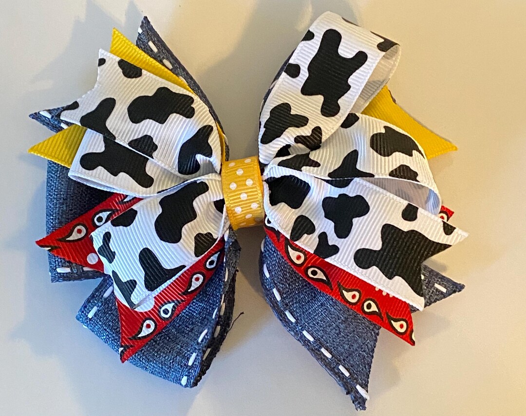 Cowgirl Bow Cow Print Bow Red Yellow Denim Cow Print Bow Jessie Bow - Etsy