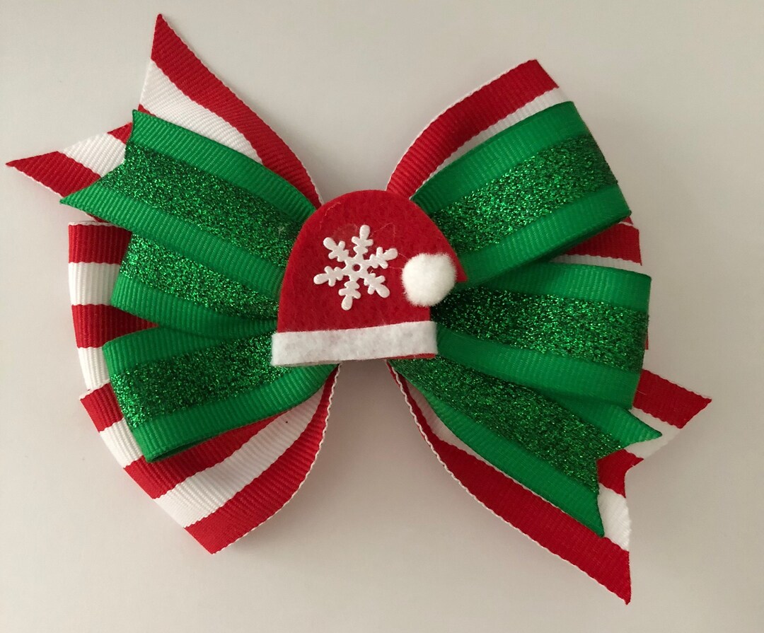 Christmas Bow Red and White Stripe Bow Santa Bow With Santa Hat Red and ...