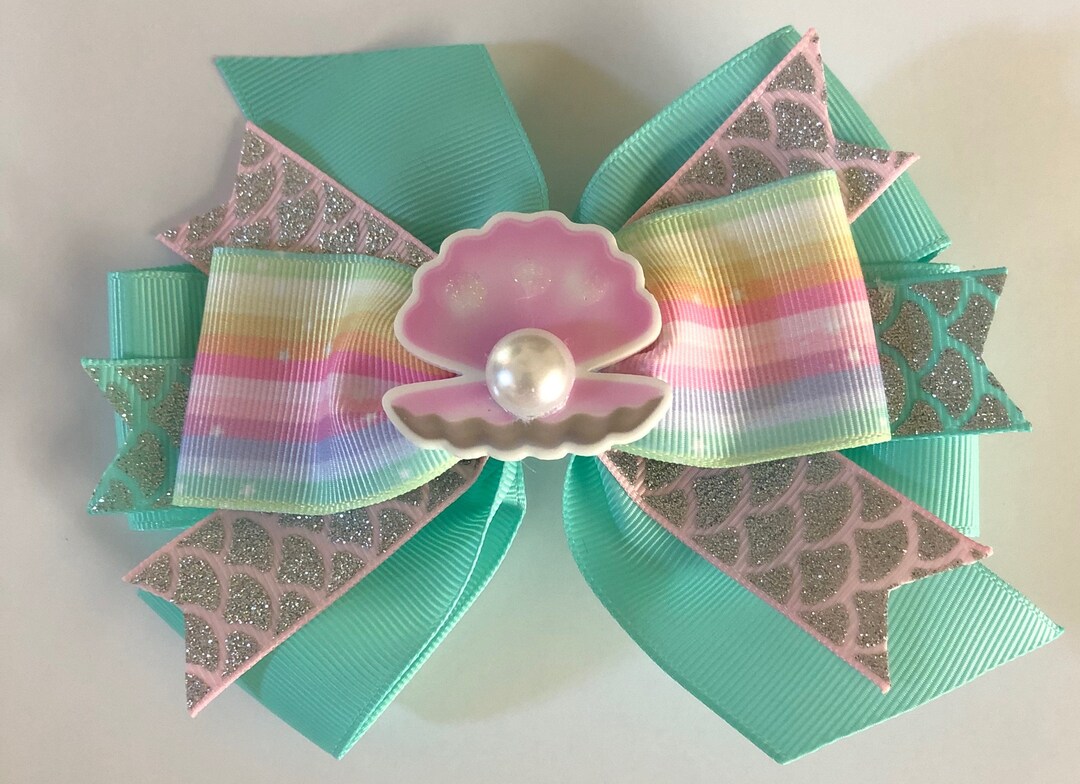 Mermaid Hair Bow Aqua and Pink Mermaid Bow With Oyster Shell Center Sea ...