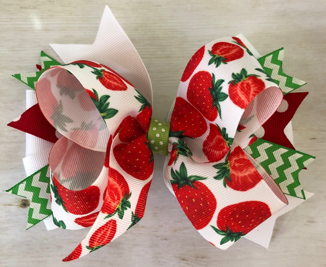 Strawberry Hair Bow Red and Green Strawberry Bow With Chevron Ribbon ...