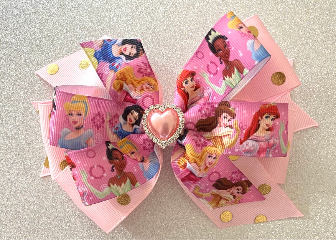 Disney Princess Bow Many Princesses Bow Gold and Pink Princess | Etsy