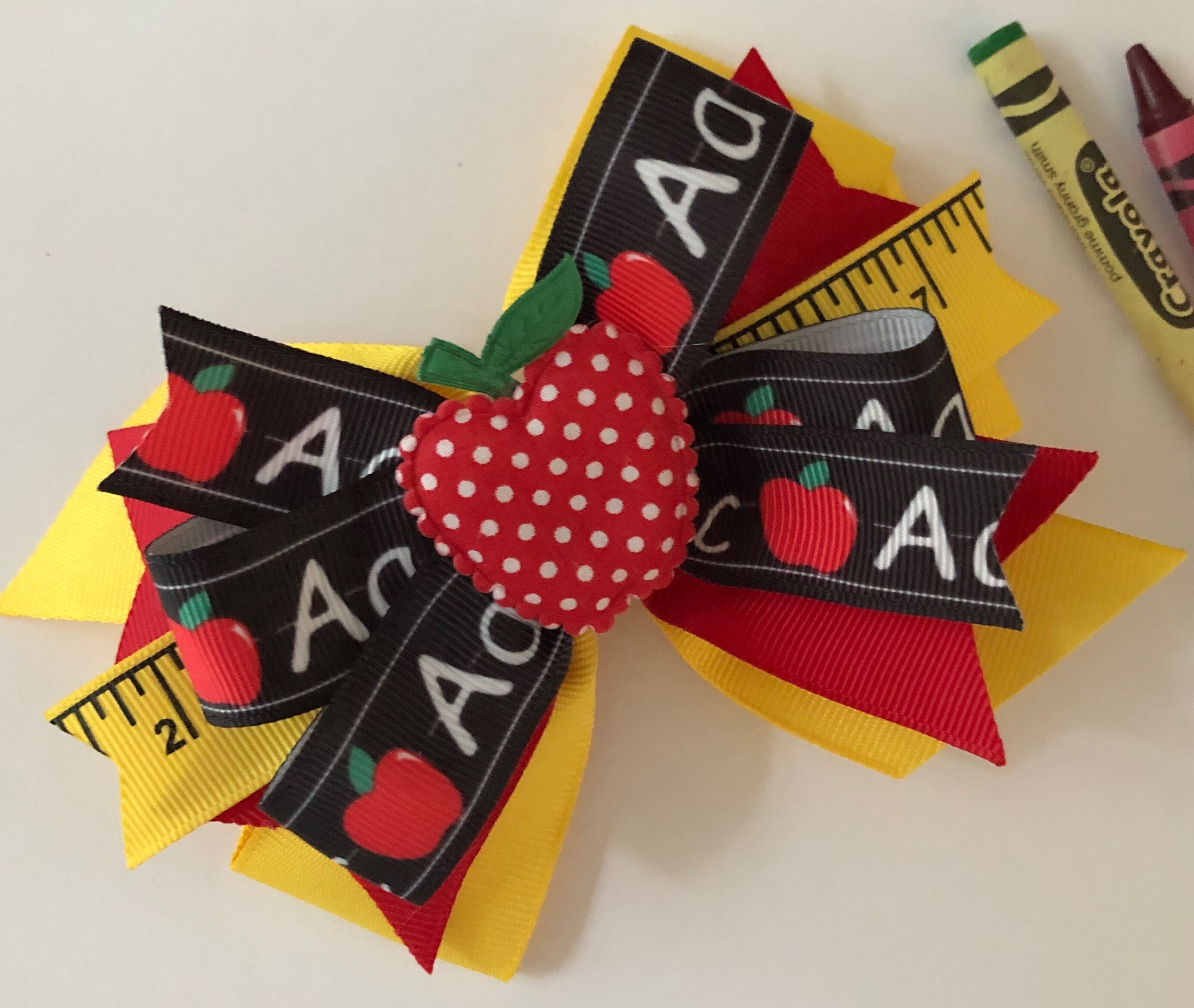 Back to School Bow Apple Bow With Ruler Ribbon ABC Apple Bow Yellow and ...