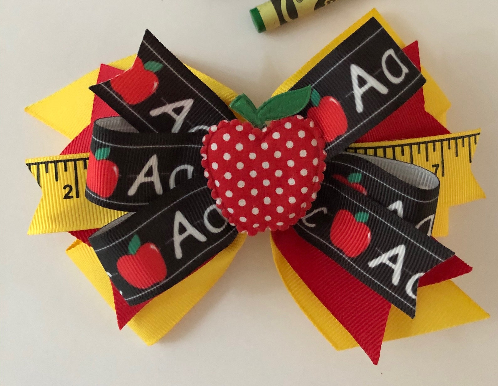 Back to School Bow Apple Bow With Ruler Ribbon ABC Apple Bow Yellow and ...