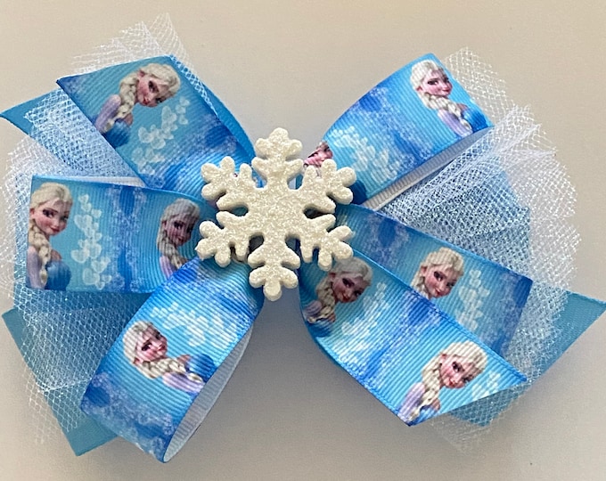 Frozen Hair Bow Blue Elsa Hair Bow With Snowflake Glittery Snowflake ...
