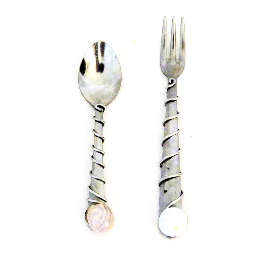 Wire Wrapped Child Sized Spoon and Fork With Stones at the Bottom Fork ...