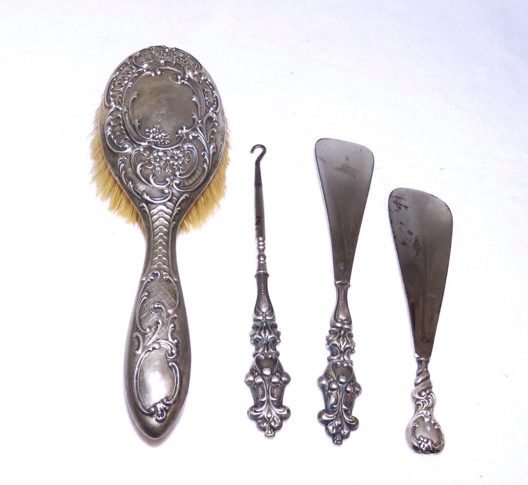 1870 Antique Silver Grooming Set Includes Brush, Button Hook and Two ...