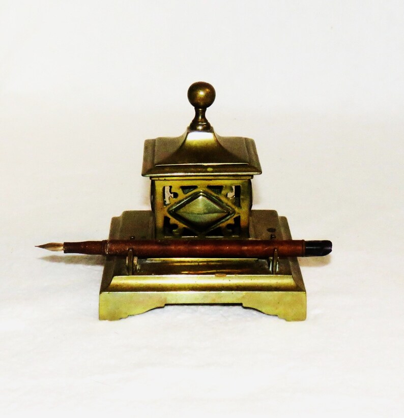 RARE Antique Inkwell With Fountain Pen by William Tonks & Sons Brass ...