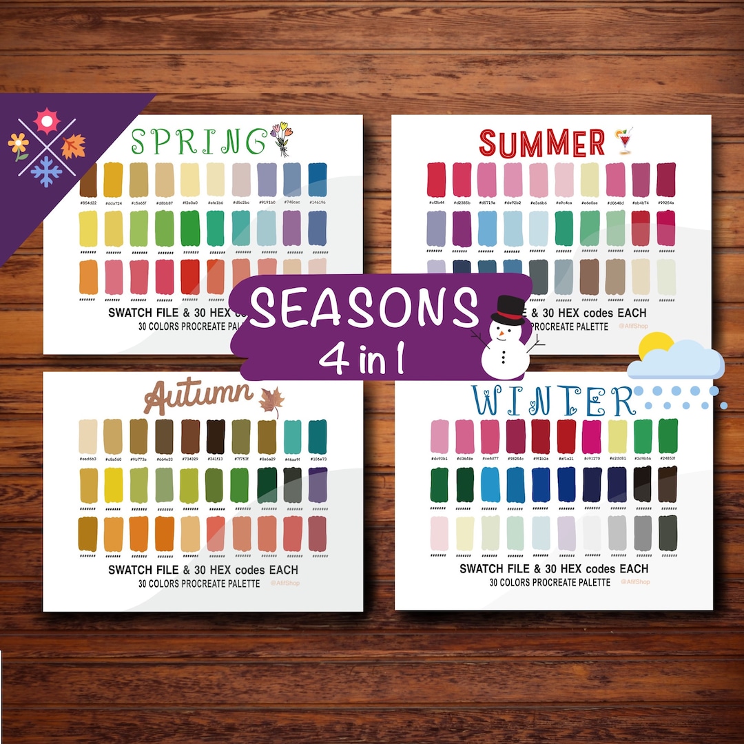 Season Color Palette, 120 Colors, 4 Swatches, HEX Codes, Summer, Autumn ...