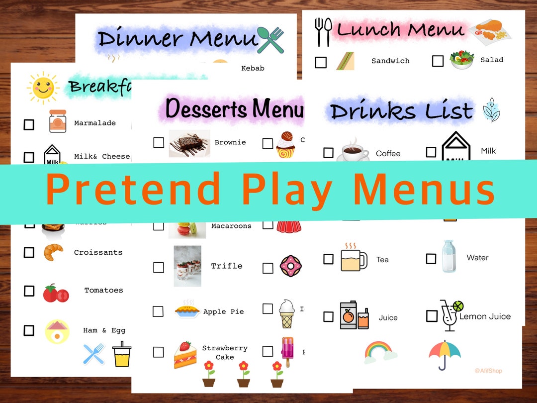 5in1 Pretend Play Menus Kids Play Menus Kitchen Play Fun - Etsy
