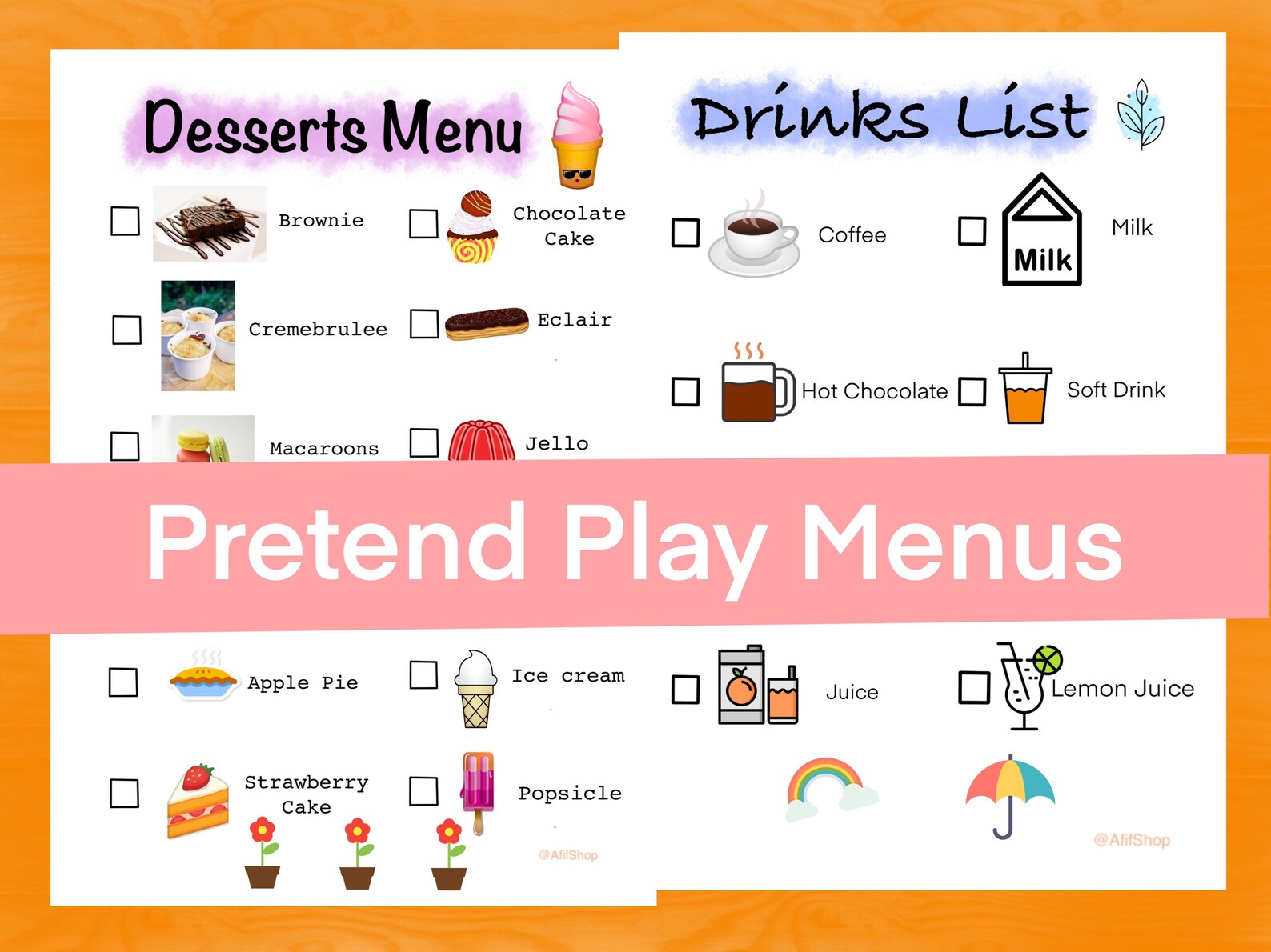 Pretend Play Menus Kids Play Menus Kitchen Play Menus Fun | Etsy