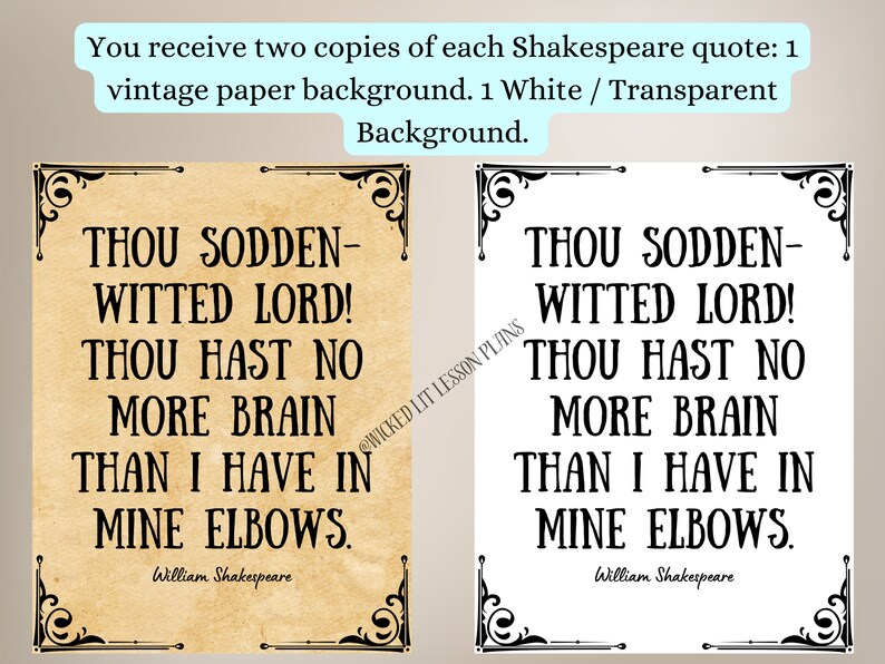 16 Witty Shakespeare Insults Bundle - Downloadable Classroom Decor ...