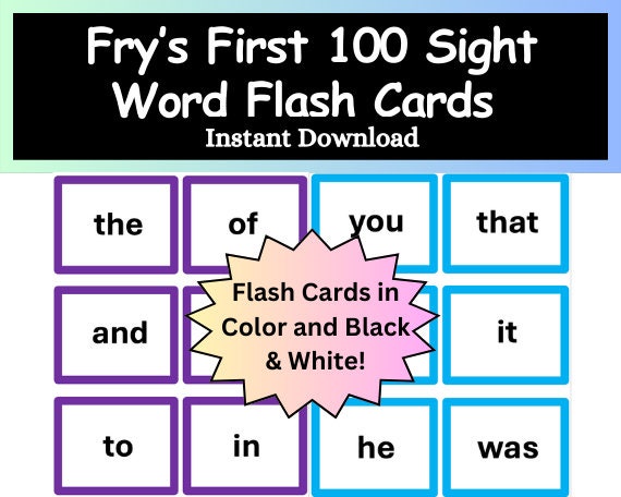 Fry's Essential 100 Sight Words Printable Flash Cards Engaging ...