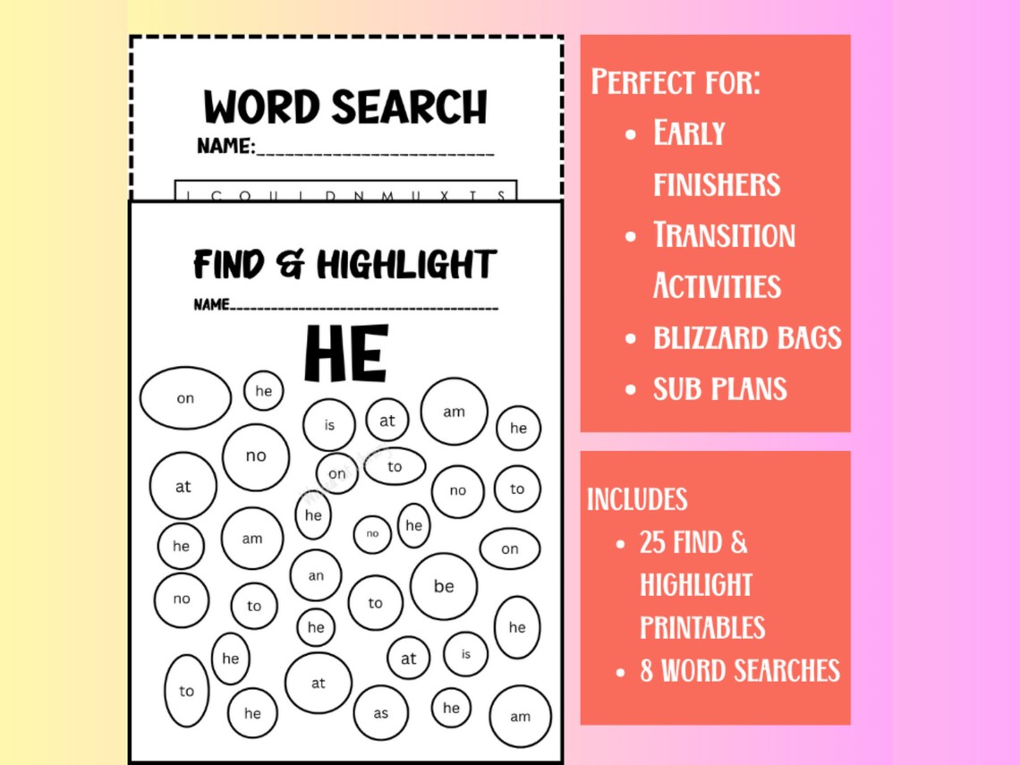 Sight Word Activity Busy Pack/bundle Word Search & Fun Vocabulary ...