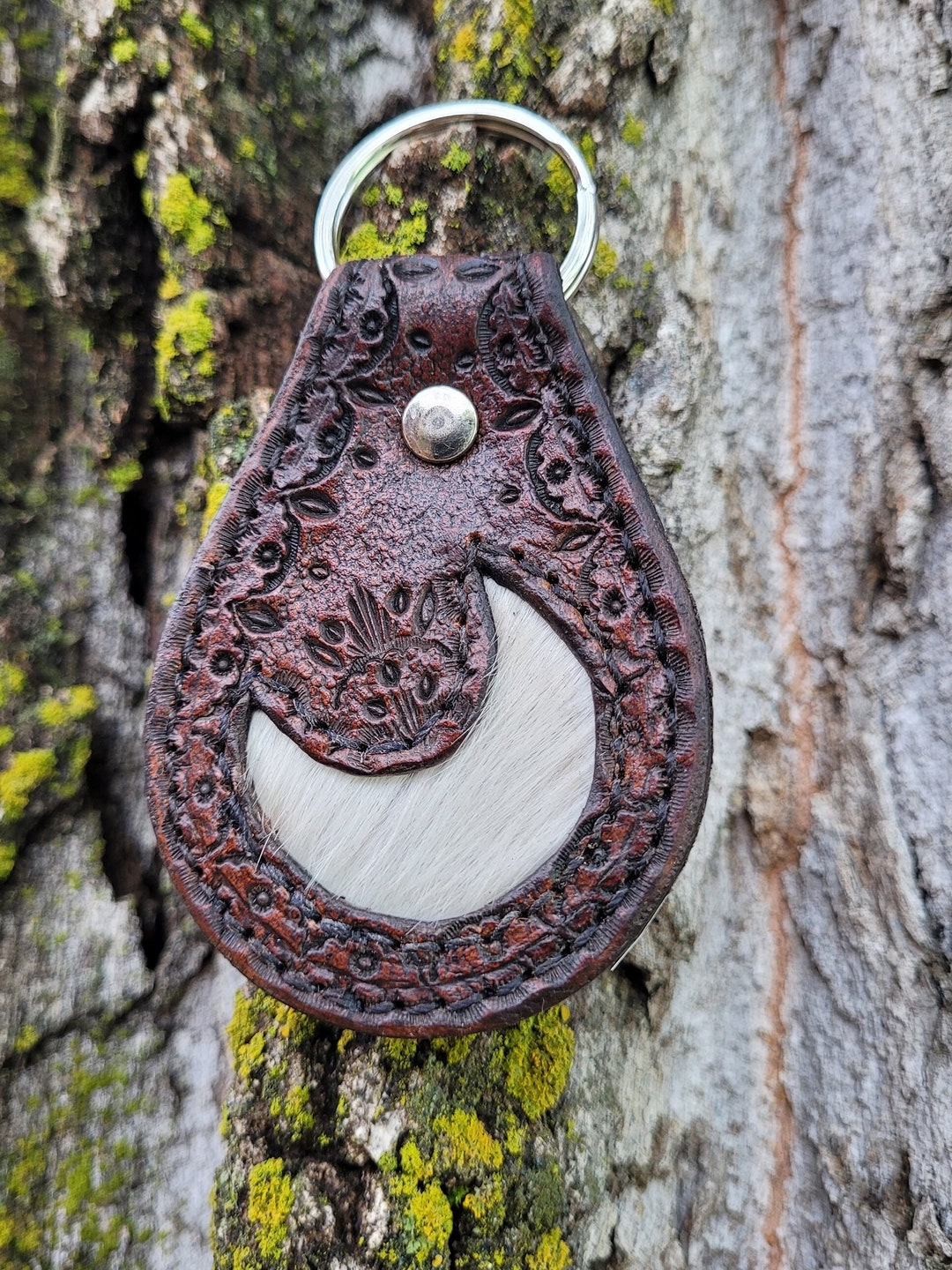 Leather Moon Keychain, Handtooled Key Fob, Hair-on Cowhide Inlay - Etsy