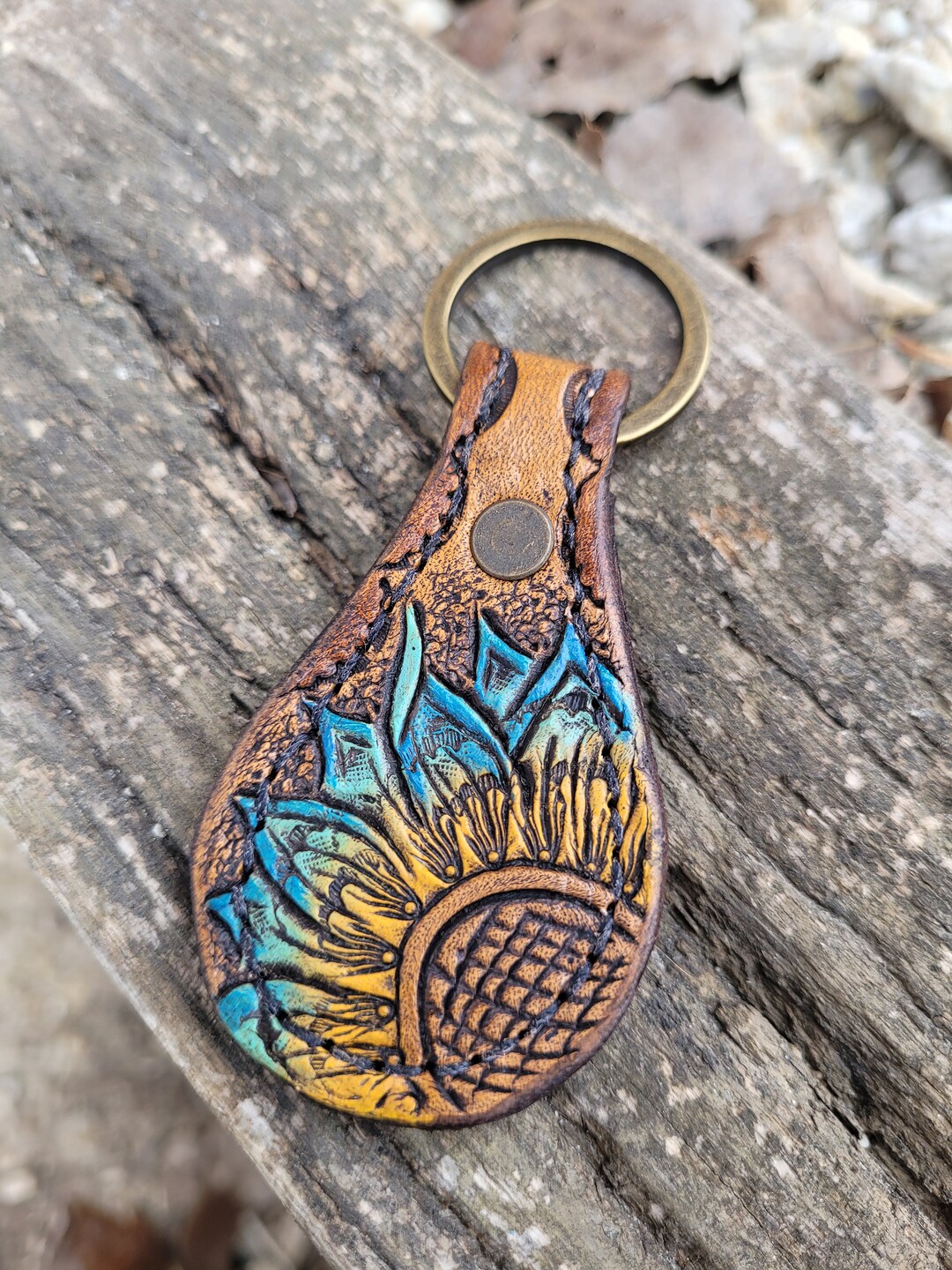 Hand Tooled Leather Turquoise Sunflower Keychain, Blue, and Yellow ...