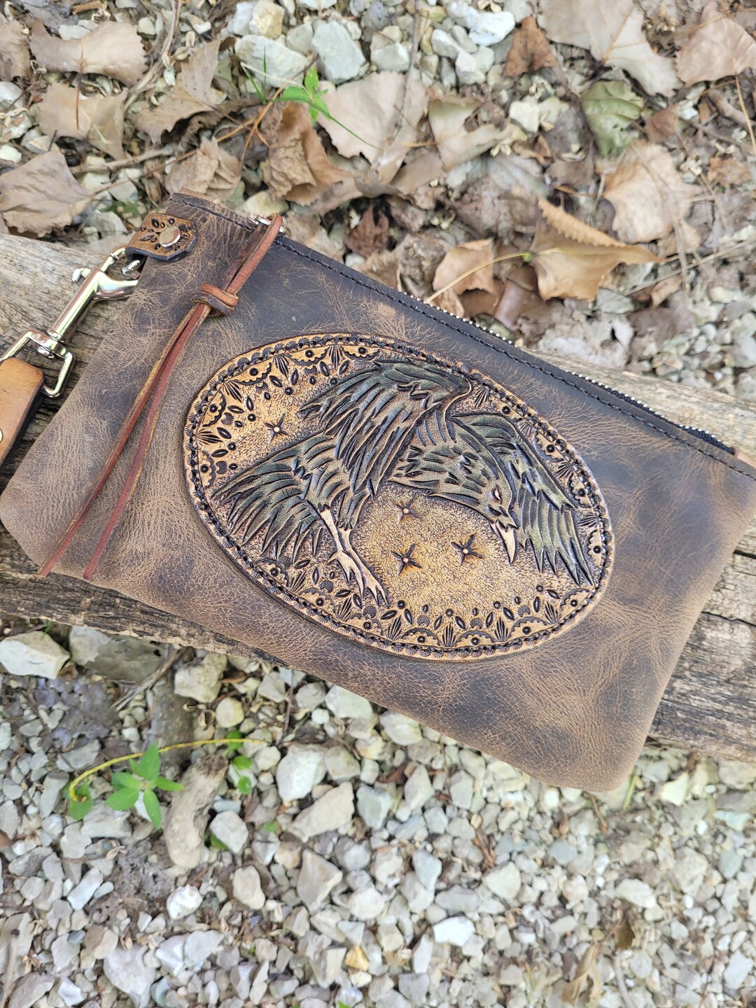 Leather Raven Clutch With Matching Envelope Wallet and Wristlet Strap ...