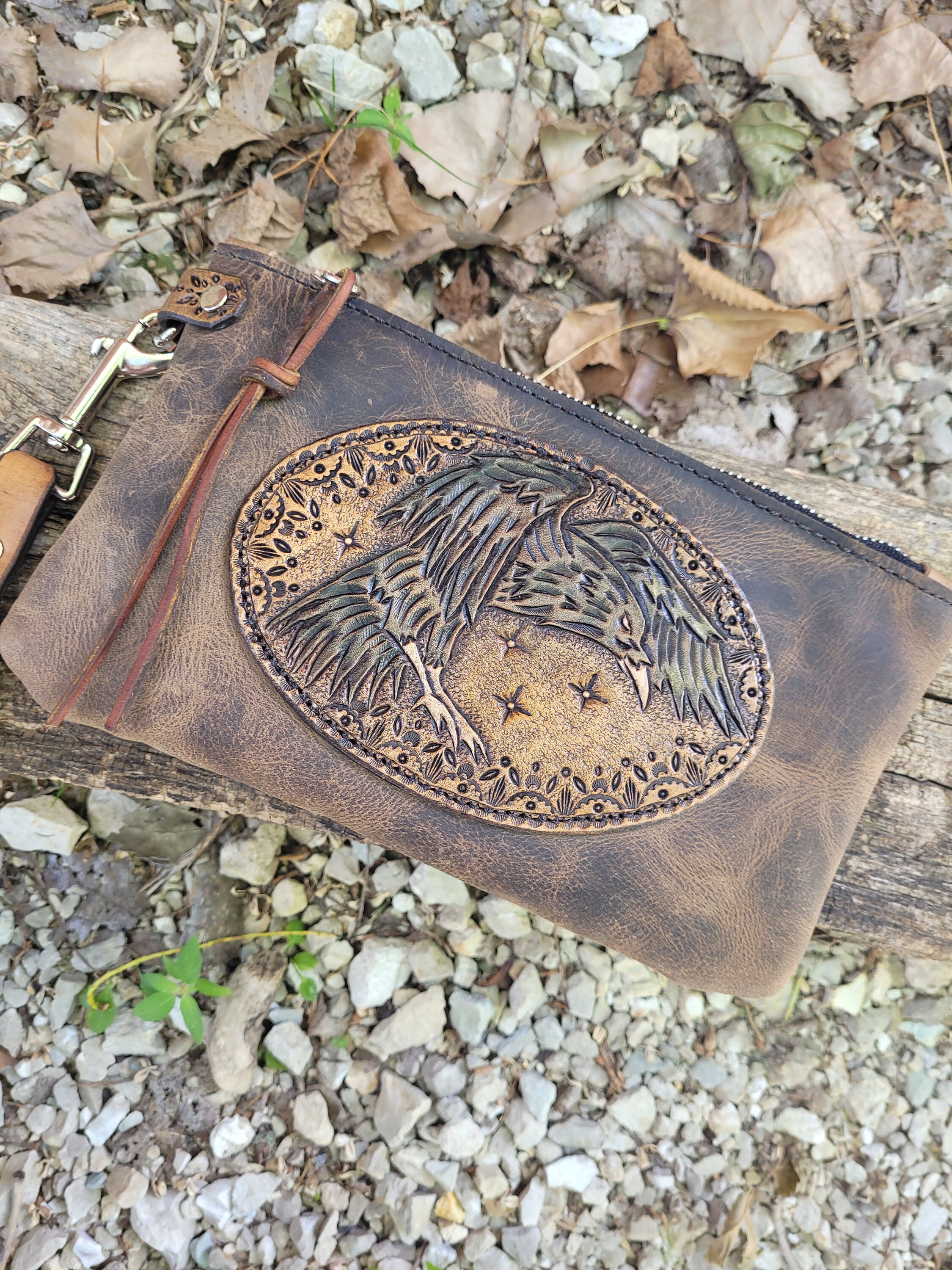 Leather Raven Clutch With Matching Envelope Wallet and Wristlet Strap ...
