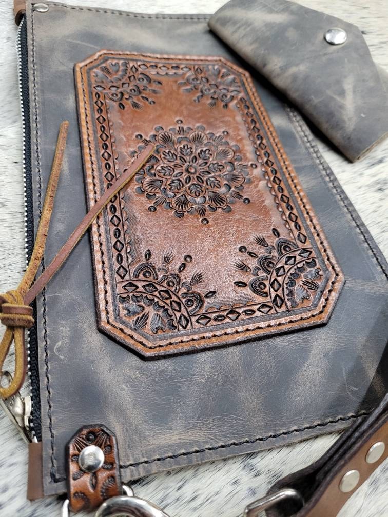 Leather Hand Tooled Mandala Clutch With Matching Envelope Wallet and ...