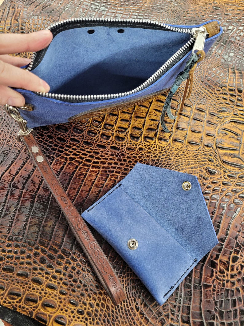 Blue Leather Clutch With Matching Envelope Wallet and Wristlet Strap ...
