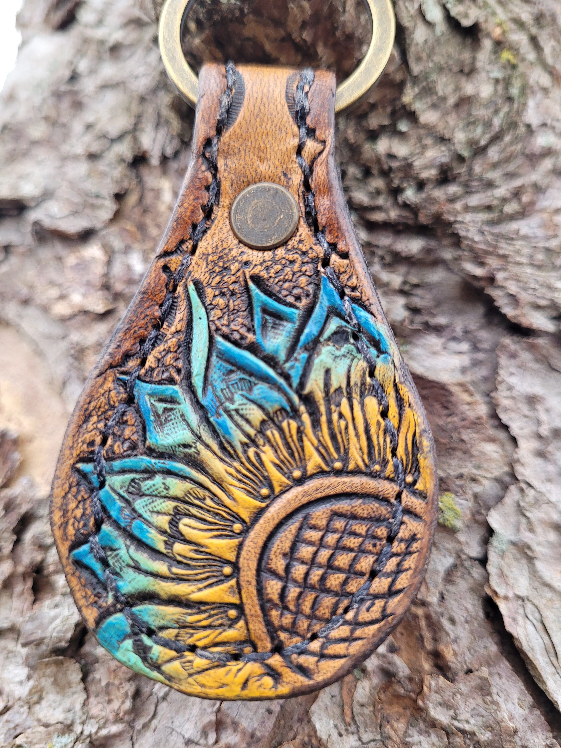 Hand Tooled Leather Turquoise Sunflower Keychain, Blue, and Yellow ...
